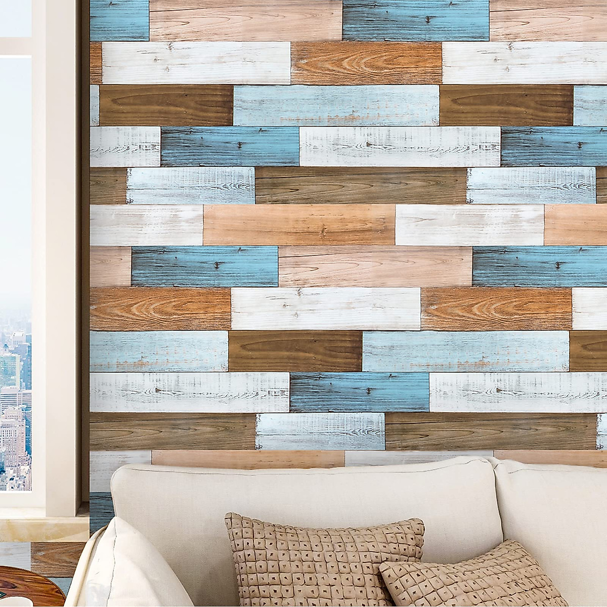 YAMANGU Wood Peel and Stick Wallpaper,Shiplap Wallpaper Blue Distressed, Wall Paper for Living Room, Bedroom, Cabinets, Home Decoration, Brown White Grey Colorful Wood Grain Contact Paper