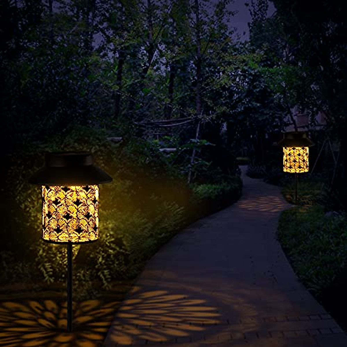 Bownew Outdoor Pathway Solar Lantern Outside Waterproof Metal Solar Powered Lights Decor for Garden Patio Deck Lawn Yard Porch Balcony, 2 Pack
