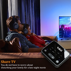 1Mii Bluetooth 5.3 Transmitter for TV to 2 Wireless Headphones, Long Range 100ft Bluetooth Adapter for TV aptX Low Latency& HD/Volume Control, Optical/USB/AUX/RCA Audio Inputs