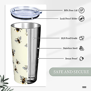 Bees Pattern 20oz Tumbler Stainless Steel Vacuum Insulated Double Wall Travel Tumbler, Durable Insulated Coffee Mug, Thermal Cup With Lid and Straw for Hot & Cold Drinks