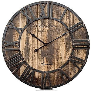 Westzytturm Rustic Wall Clock 24 inch Round Wooden Clock 3D Roman Numeral Farmhouse Vintage Large Wall Clocks for Living Room,Dining Room,Home Decor,Kitchen,Mantel,Garden(Brown 24”)