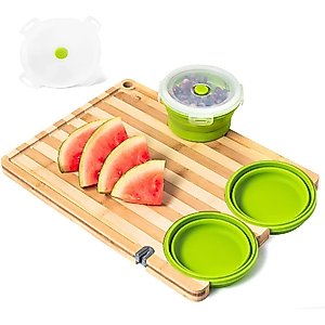 Over The Sink Bamboo Cutting Board with Collapsible Containers With Seal Tight Lids
