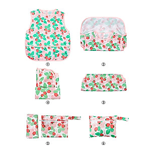 Mumsbest Waterproof Bibs for Baby Girl, 2 Pack Toddler Feeding Smock Bibs for Eating with Food Catcher & 1 Wet Bag (L：2-4Years, Pink)