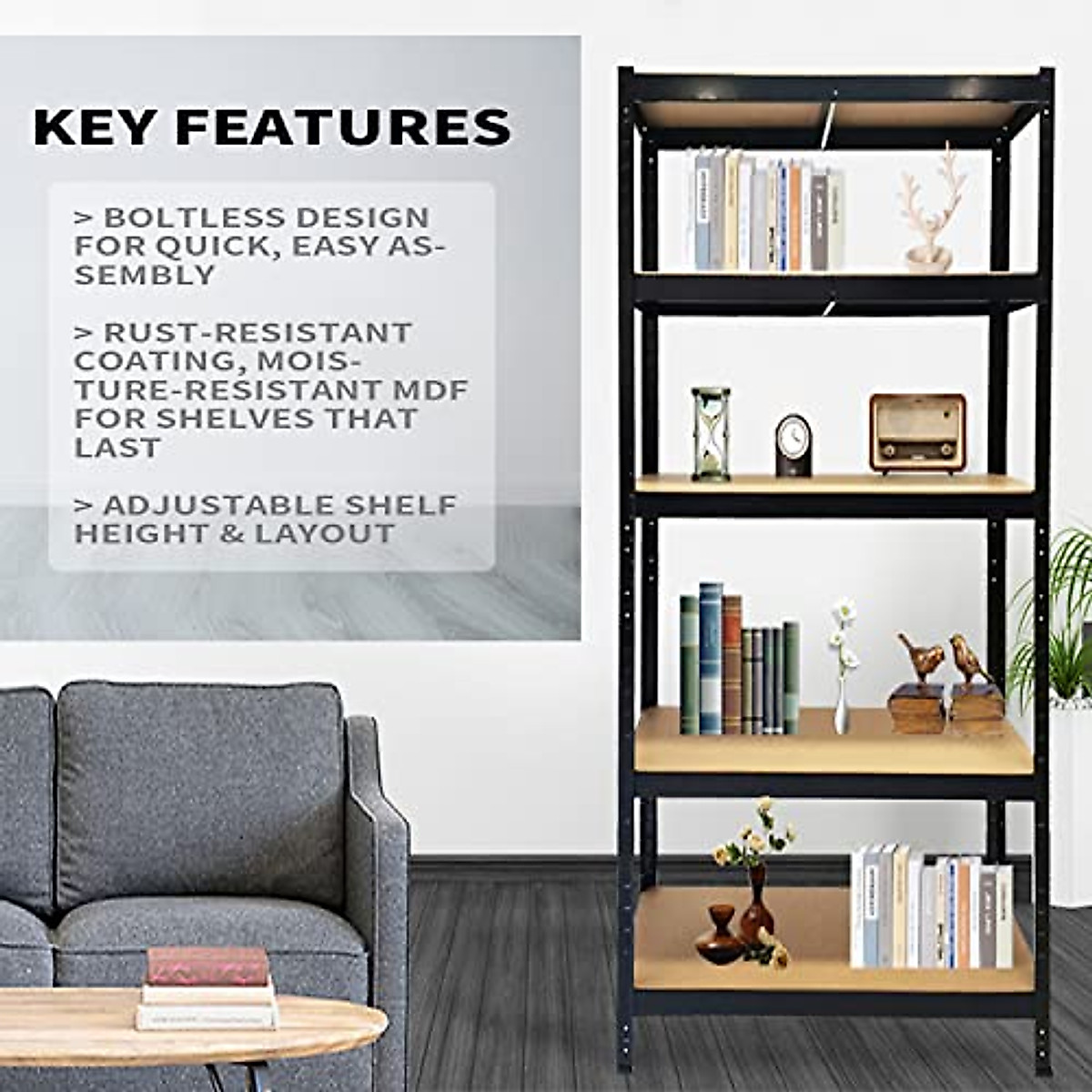 Viaka 5-tier Metal Shelving Unit Adjustable Garage Storage Utility Rack Heavy Duty Shelves Organization Multipurpose Shelf Warehouse Basement Kitchen Living Room Garage 66.14x29.53x11.81 inches, Black