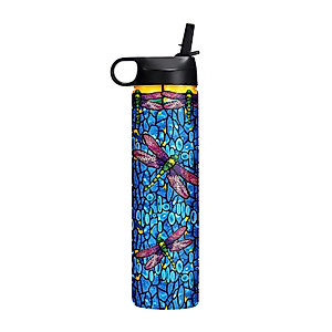 RainCaper 18/8 Stainless Steel Insulated Water Tumbler with Straw | 24oz, BPA-Free, Double Wall for Hot & Cold | Travel-Friendly, Cup Holder Ready (Tiffany Dragonfly - Purple)