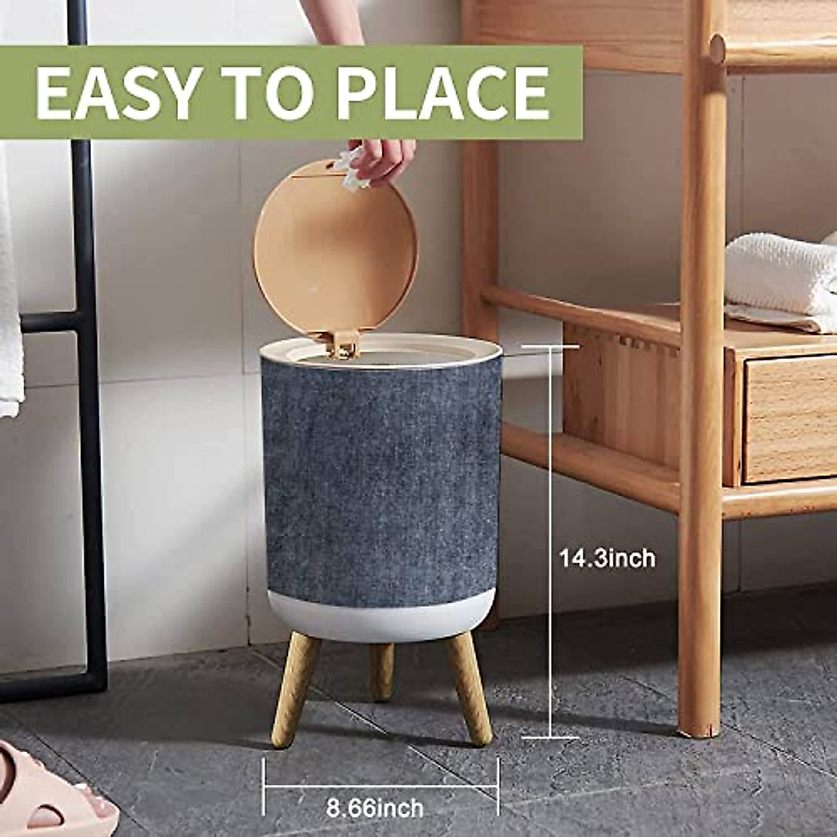IBPNKFAZ89 Small Trash Can with Lid Dark Blue Jeans Texture Denim Garbage Bin Wood Waste Bin Press Cover Round Wastebasket for Bathroom Bedroom Kitchen 7L/1.8 Gallon