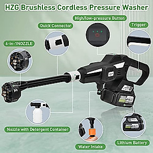HZG Cordless Pressure Washer, Brushless Portable Pressure Washer,3 Adjustable Levels with 6-in-1 Nozzle,Max 950 PSI, 2× 21V 4.0Ah Rechargeable Battery for Car,Fence,Floor Cleaning & Watering,Black