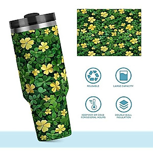 FRCSDIY Lucky Clover Insulated Tumbler with Handle and Straw Lid,30oz Leakproof Stainless Steel Cup BPA-Free Water Bottle