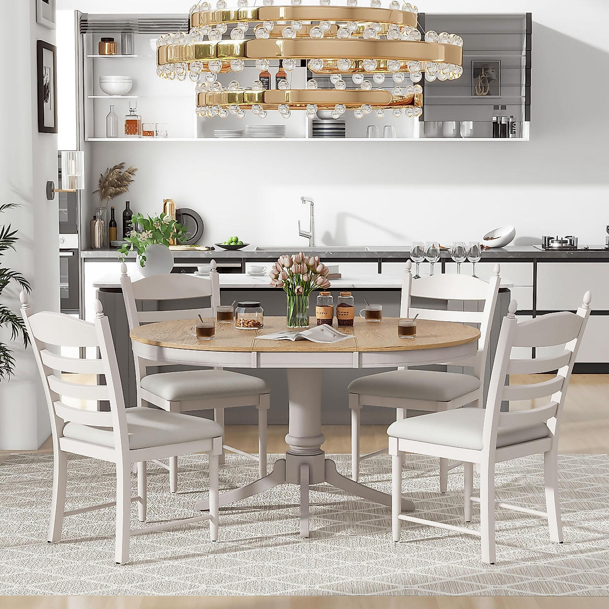 LUMISOL 5 Piece Round Extendable Dining Room Table Set with Chairs for Small Space of 4-6 Persons, Solid Wood Round Kitchen Dining Furniture Table Set with Upholstered Chairs, Farmhouse Dining Set