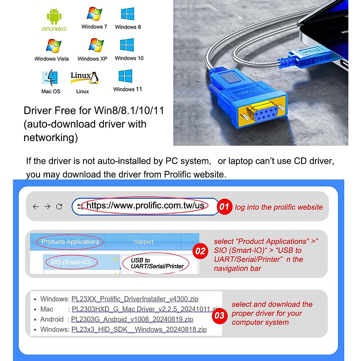 DTech 6 Feet USB to RS232 DB9 Female Serial Adapter Cable Windows 11 10 8 7 Mac Linux Serial to USB 2.0 with Prolific PL2303 Chip
