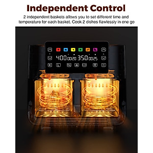 JOYAMI Air Fryer with 2 Baskets, 8 QT Dual Basket AirFryer with Sync-Finish, Nonstick and Dishwasher Safe, 6-in-1 Airfryer for Air Fry, Bake, Dehydrate, Roast, Broil & More, 1800W, Black