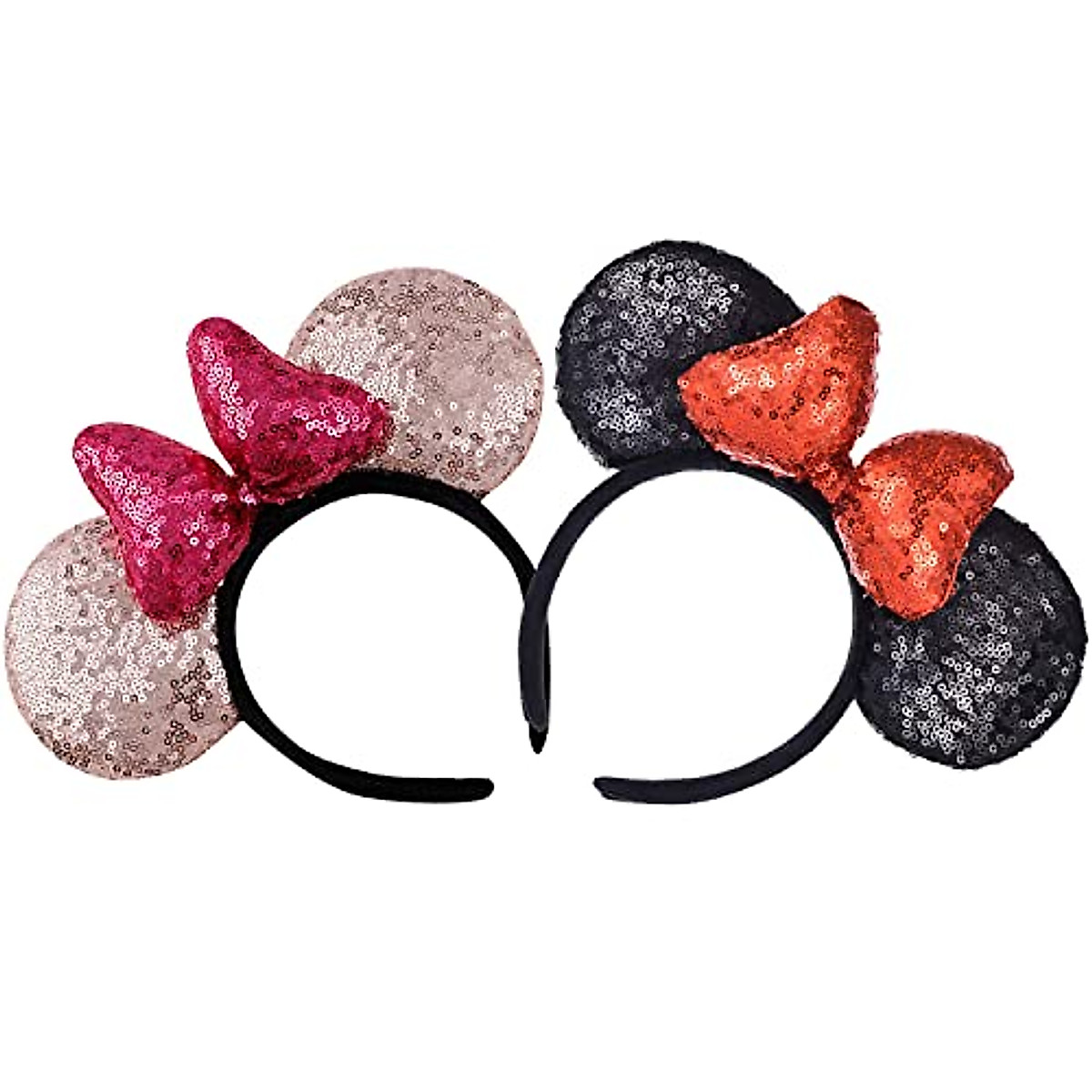 Jieneal Minnie Mouse Ears Set of 2 Sequin Headband Disney world accessories for trip and Hair accessories for Kids or Women(Champagne Rose& Black Red)