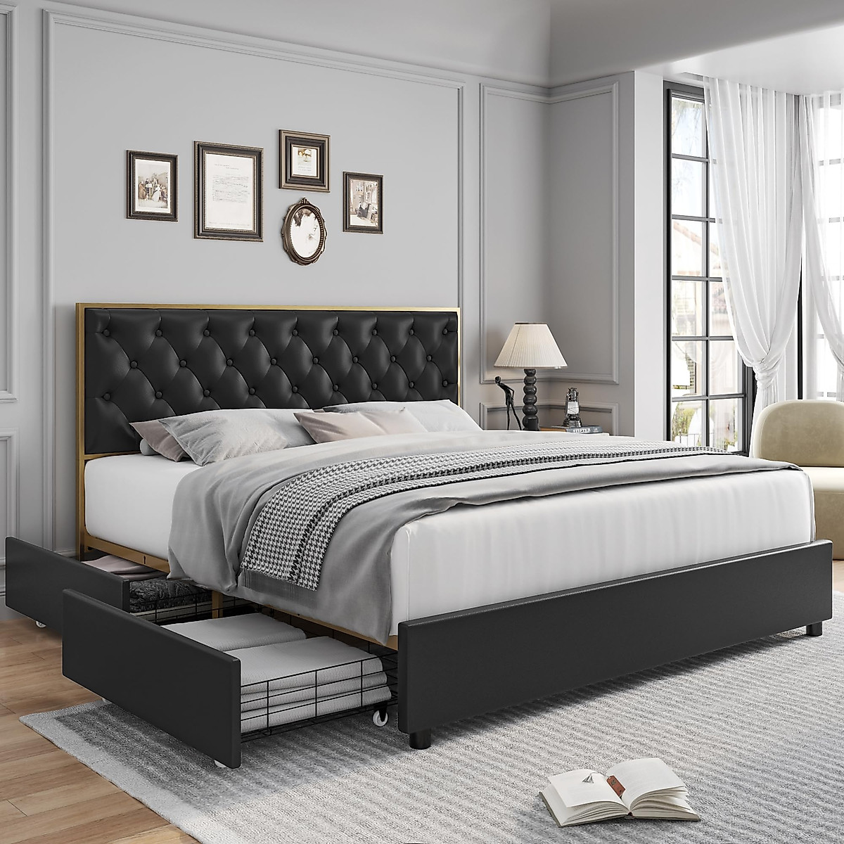 HIFIT King Upholstered Bed Frame with 4 Storage Drawers and Handmade Button Tufted Headboard, Modern PU Leather King Platform Storage Bed with Solid Wooden Slats, No Box Spring Needed, Golden & Black