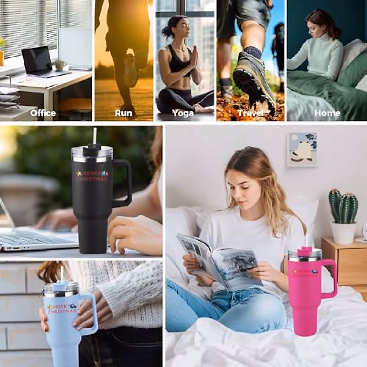 LB LEOBON 40 ounce insulated cup with handle, double-layer vacuum stainless steel material, equipped with straw, can keep warm or maintain cold drinks Merry Christmas Stars Balls Cowboy Blue