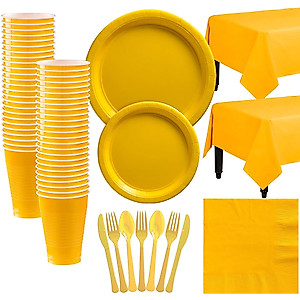 Party City Big Party Pack Sunshine Yellow Paper Tableware Party Supplies for 50 Guests, Includes Table Covers and More