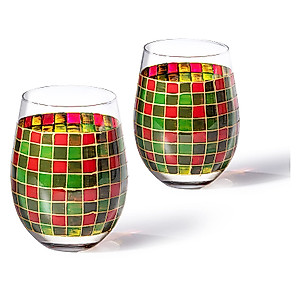 Crystal Christmas Holiday Tree Stemmed Wine Glass - Pink & Green - 12oz Goblet Bordeaux Gold Rim Colored Glassware, Cheerful Party Festive New Years Cheer for Holiday Gift Xmas & Winter Season