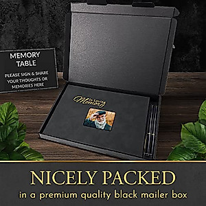 Classic Funeral Guest Book for Memorial Service, Set 4 pcs for Memorial Service, PU Golden Embossed Cover, Table Display Sign, and 2 Black Gold Gel Pen and 42 Sheets (84 Pages).