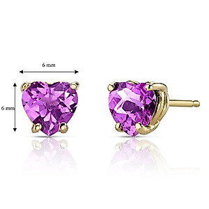 Peora 14K Yellow Gold Created Pink Sapphire Heart Stud Earrings for Women, Hypoallergenic Solitaire Studs, 6mm, 2.25 Carats total, Friction Back