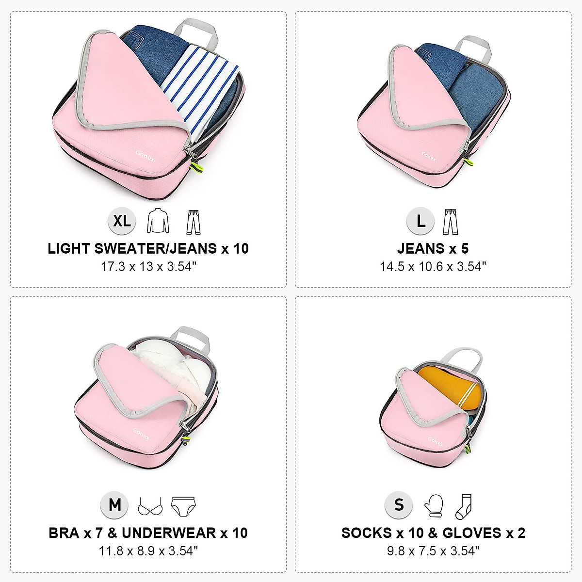 Gonex Compression Packing Cubes, 4pcs Expandable Storage Travel Luggage Bags Organizers (Pink)
