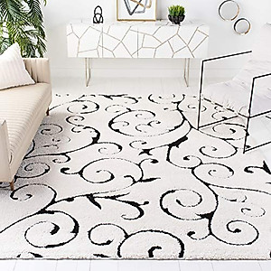 SAFAVIEH Florida Shag Collection 8'6" x 12' Ivory / Black SG455 Scrolling Vine Graceful Swirl Textured Non-Shedding Living Room Bedroom Dining Room Entryway Plush 1.2-inch Thick Area Rug