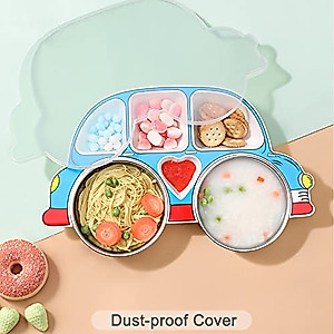 Divided Plate and Bowl Set,BPA Free Meal Snack Plate,Dinnerware Eating Supplies Kitchen Utensils,6 Pieces with Spoon Fork and Lid,Car-shaped by lrrjhtac, Blue