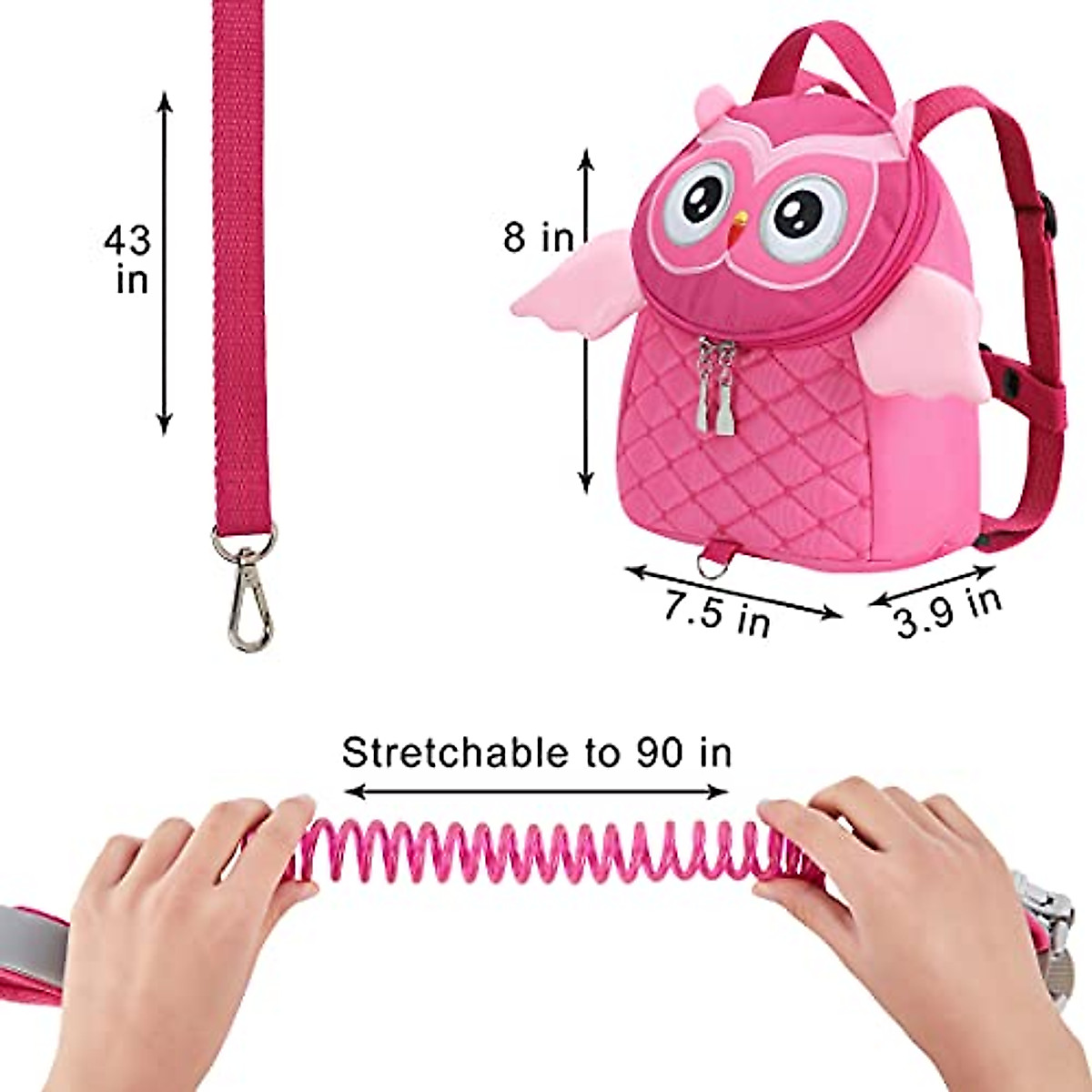 SEALINF Toddler Kids Owl Leash Backpack with Toddlers Wrist Child Safety Walking Leashes Wrist for Kid Girls Boys (Pink)