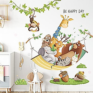 WAFT YEARN Waterproof Removable Watercolor Vinyl PVC Giraffe Safari Animal Wall Decal Wall Sticker Decor Nursery Kids Room Classroom Living Room Bedroom Bathroom Colorful Safari Jungle Wallpaper