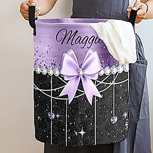 Glitter Print Purple Black Bow Personalized Foldable Freestanding Laundry Basket Clothes Hamper with Handle, Custom Collapsible Storage Bin for Toys Bathroom Laundry