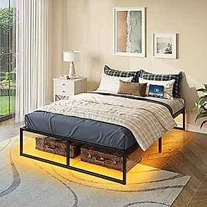 Rolanstar Bed Frame with USB Charging Station, Full Bed Frame with LED Lights, Platform Bed Frame with Heavy Duty Steel Slats, 14" Storage Space Beneath Bed