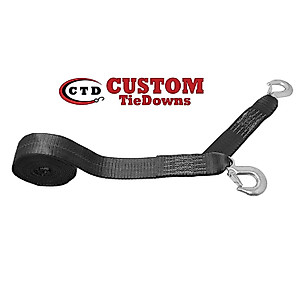 CustomTieDowns 2 Inch x 20 Foot Heavy Duty Replacement Winch Strap with a 15 inch Safety Strap. 2 Forged Hooks. 1 Inch Long Loop Opening On The Opposite End. Breaking Strength: 10000 lb (Black)