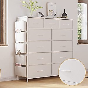 LIVEHOM 11 Dresser Drawer for Bedroom, Chest of Drawers with Side Pockets, Hooks, Fabric Storage Drawer, Steel Frame, Wood Top, Organizer Unit and Pull Handle for Closet, Nursery