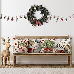 LITIVY Christmas Decor Pillow Covers Set of 4 Decorative Throw Pillowcase for Winter Xmas Holiday Home Decor for Sofa Couch (Christmas Tree Snowman Gloves Deer) (18"x18", Red)