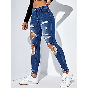 Floerns Women's Cut Out Ripped Jeans Raw Hem High Waist Skinny Denim Pants Blue S