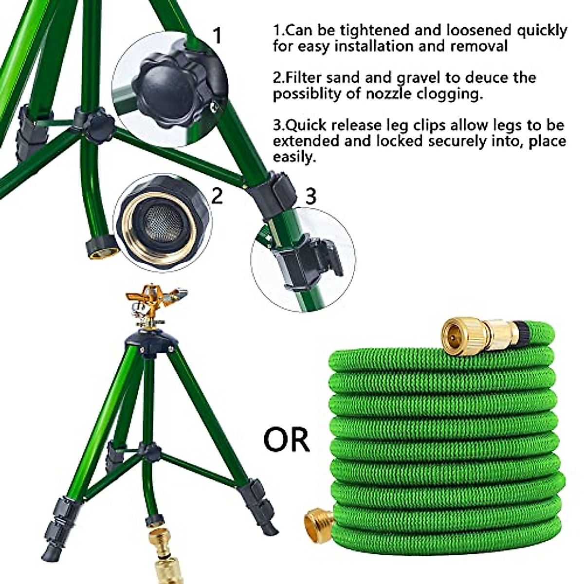 Hourleey Impact Sprinkler on Tripod Base, 2 Pack Heavy Duty Sprinklers for Lawn Yard Garden, 0-360 Degree Large Area Coverage, 3/4 Inch Connector Extension Legs Flip Locks with Brass Head