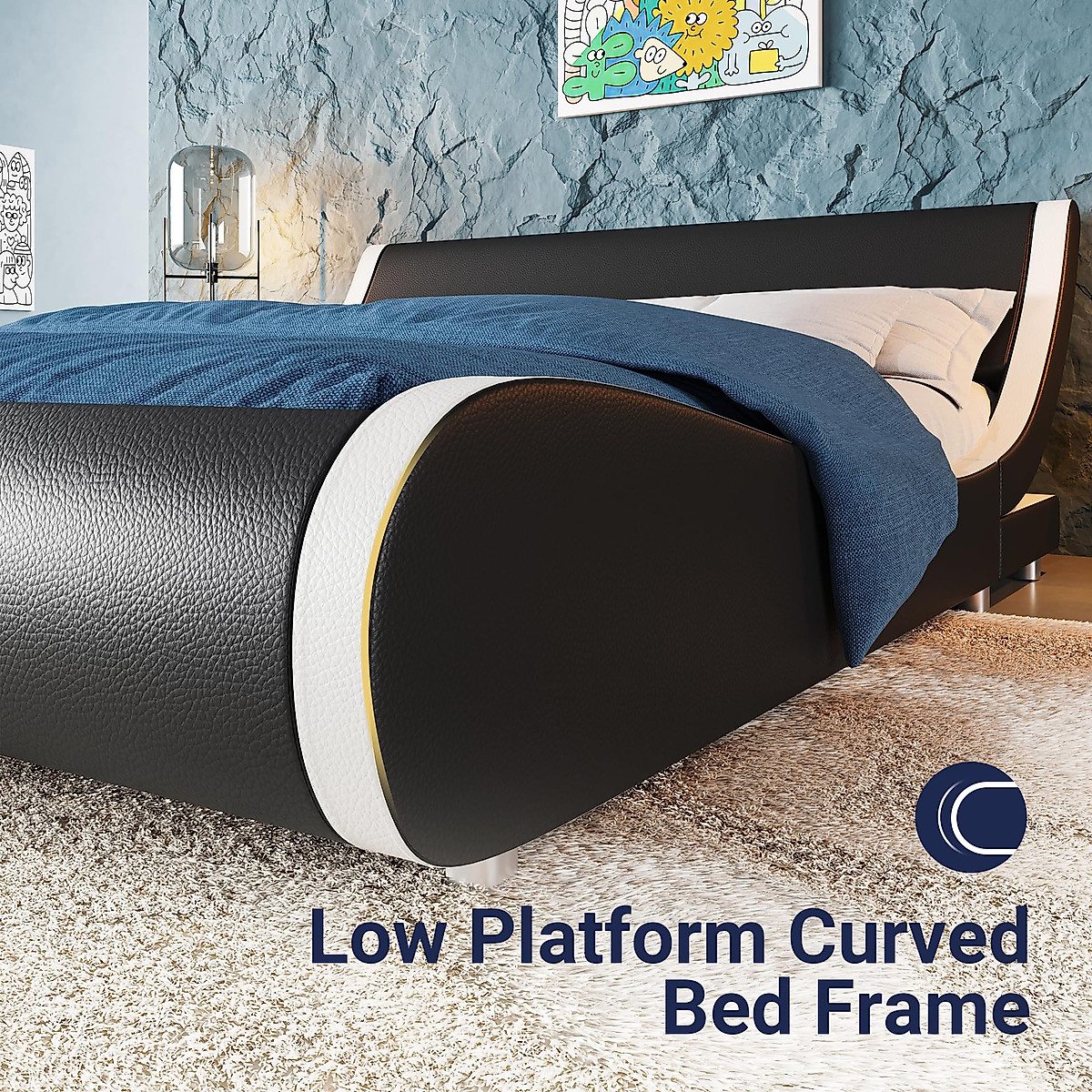 Allewie Upholstered King Size Platform Bed Frame Modern Low Profile Sleigh Bed with Faux Leather Ergonomic Headboard, Wood Slat Support, Easy Assembly, No Box Spring Needed, Black and White