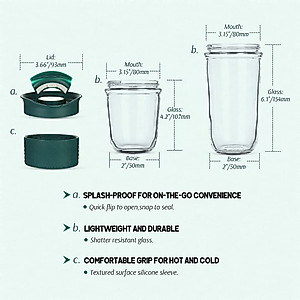 HY3 Reusable Coffee Cup, 18 oz Clear Glass Travel Mug with Flip-open Lid, 100% BPA Free, Microwave Safe, Anti-slip Silicone Sleeve (Blackish Green)