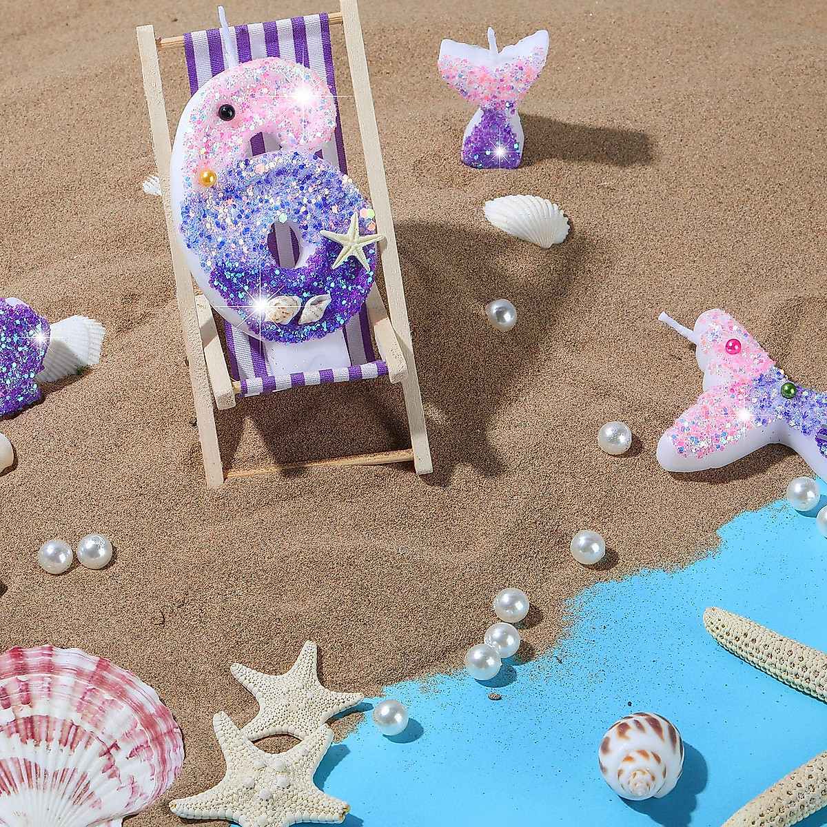 6 Pcs Birthday Candles, 2.8 Inch Mermaid Theme Birthday Cake The Number 0-9 Candles, 1 Pcs Number 3 Pcs Mermaid Tail and 2 Pcs Shell Candles for Birthday Decorations Mermaid Themed Party (Number 6)