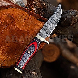 ADAM KNIVES Handmade Damascus Steel Hunting Knife | Skinning Knife | Skinner Knife | 102 Woodsman Fixed Blade Hunting Knife With Leather Sheath | Unique Gift (Red & Black)