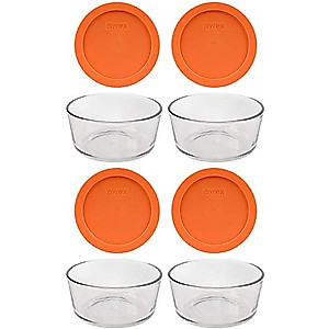Pyrex (4) 7201 4 Cup Glass Bowls & (4) 7201-PC Pumpkin Orange Plastic Lids, Made in USA