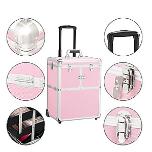 Yaheetech Professional Makeup Train Case Travel Makeup Trolley Rolling Cosmetic Case Beauty Train Case Beauty Organizer, Pink