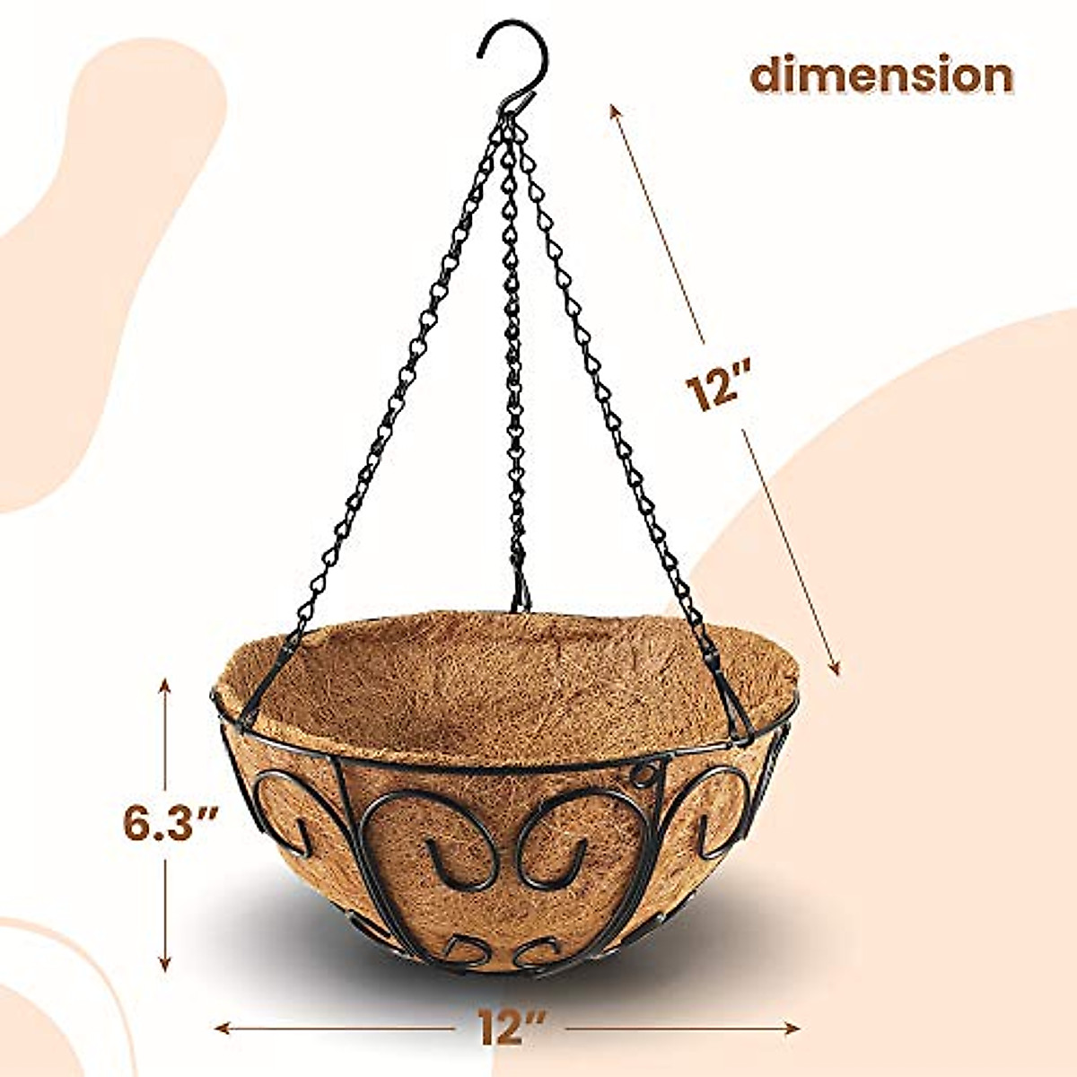 CABASAA 2 Pack Metal Hanging Planter Basket with Coco Coir Liner Chain Round Wire Plant Holder Flower Pots Hanger Garden Decoration Porch Decor Watering Hanging Baskets Indoor Outdoor (12 INCH New)