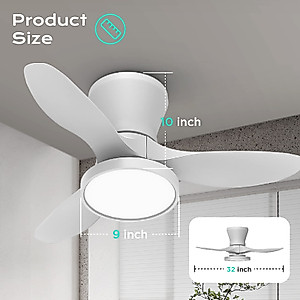 ocioc Quiet Ceiling Fan with LED Light DC motor 32 inch Large Air Volume Remote Control White for Kitchen Bedroom Dining room Patio
