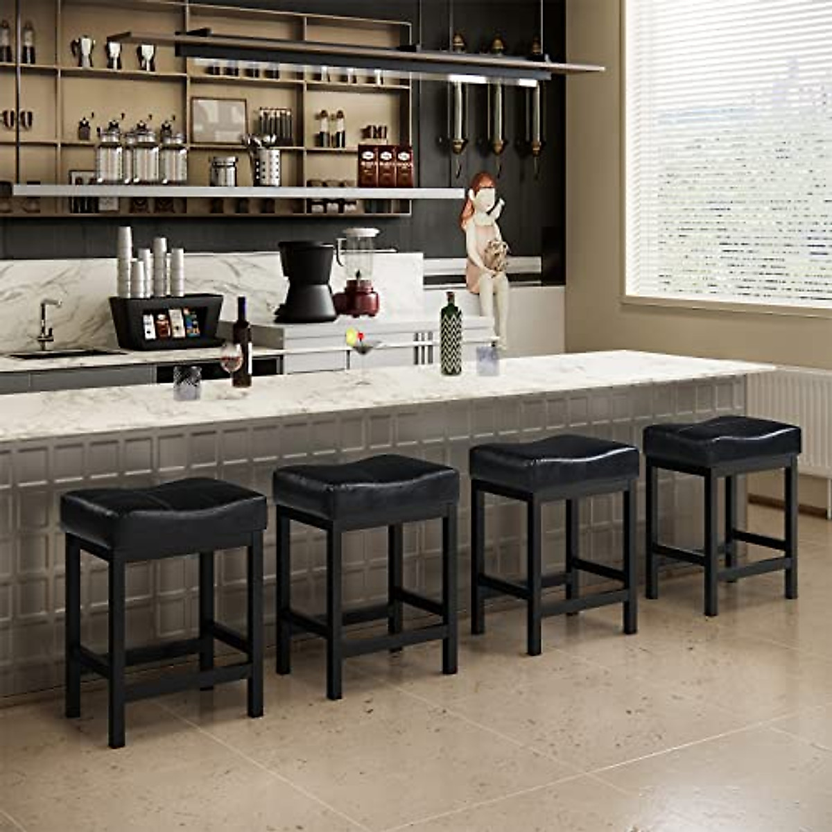 KATDANS Bar Stools Set of 2 - Counter Height Stools - 24 Inch Saddle Stool - PU Leather Kitchen Stools - Black Seat - Black Metal Base, KS861P-Black