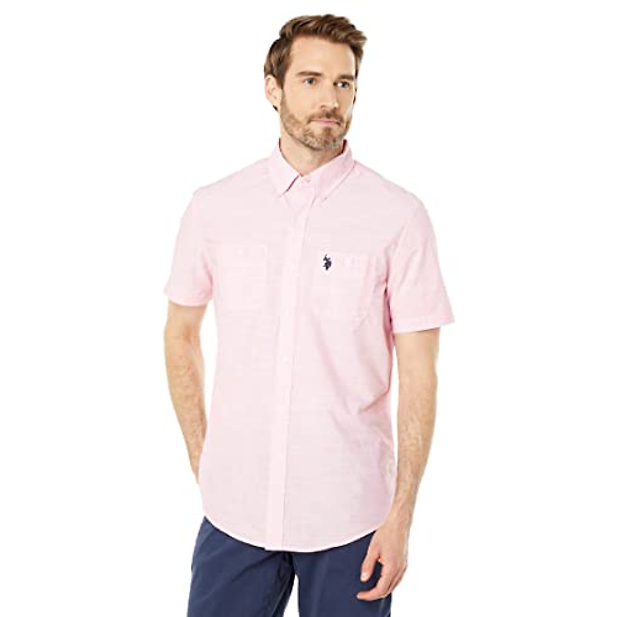 U.S. Polo Assn. Short Sleeve Solid Eoe Slub Woven Shirt Calypso Coral LG