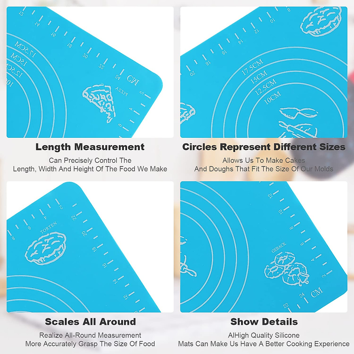 Silicone Baking Mat Non Slip Pastry Mat, Baking Mat 11" x 10'' for Counter, Oven Liner, Pie Crust, Reusable Fondant Mat Extra Thick with Measurement