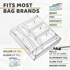 BALAGANA Drawer Organizer for Ziplock Bags and Foil - Acrylic Ziplock Bag Storage Organizer for Kitchen Drawer, 6 in 1 Clear Ziplock Bag Organizer for Drawer, Ziplock Bag Organizer with Wrap Dispenser