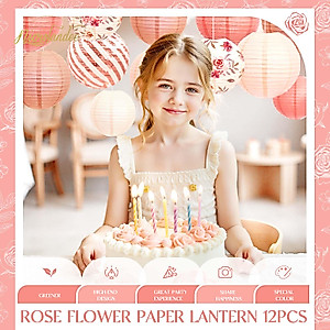 NICROLANDEE Wedding Party Decorations - 12PCS Rose Gold Vintage Floral Paper Lanterns Hanging Decorations for Engagement, Anniversary, Bridal Shower, Baby Shower, Bachelorette, Birthday Party