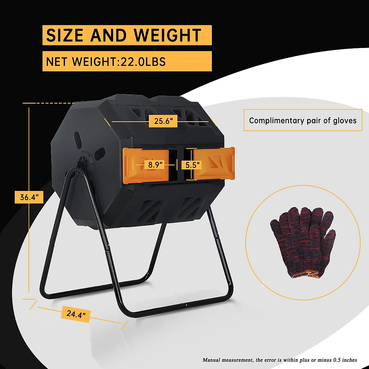 Compost Bin Outdoor Tumbler Compost Dual Chamber 43 Gallon Capacity BPA Free Rotating Batch Composting Tumbler with Sliding Doors All Season Composter for Garden Yard Orange