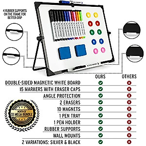 Double Sided Dry Erase Board with Stand - 16 X 12 Inch Desktop Whiteboard Comes with 15 Magnetic Markers, 10 Magnets, 2 Magnetic Erasers, Corner Protectors, Rubber Supports & More, Premium Black Frame