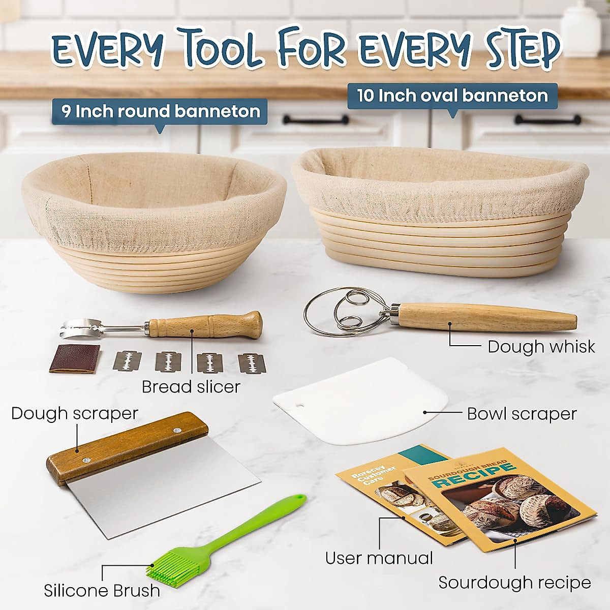 RORECAY Bread Banneton Proofing Basket Set of 2, 9 Inch Round & 10 Inch Oval Cane Sourdough Baskets with Bread Lame + Dough Scraper + Linen Liner + Basting Brush for Bread Making Baking Fermentation